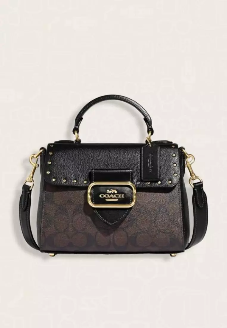 Jual Coach Coach Top Handle Satchel In Colorblock Signature Canvas With Rivets Brown Black Multi ...