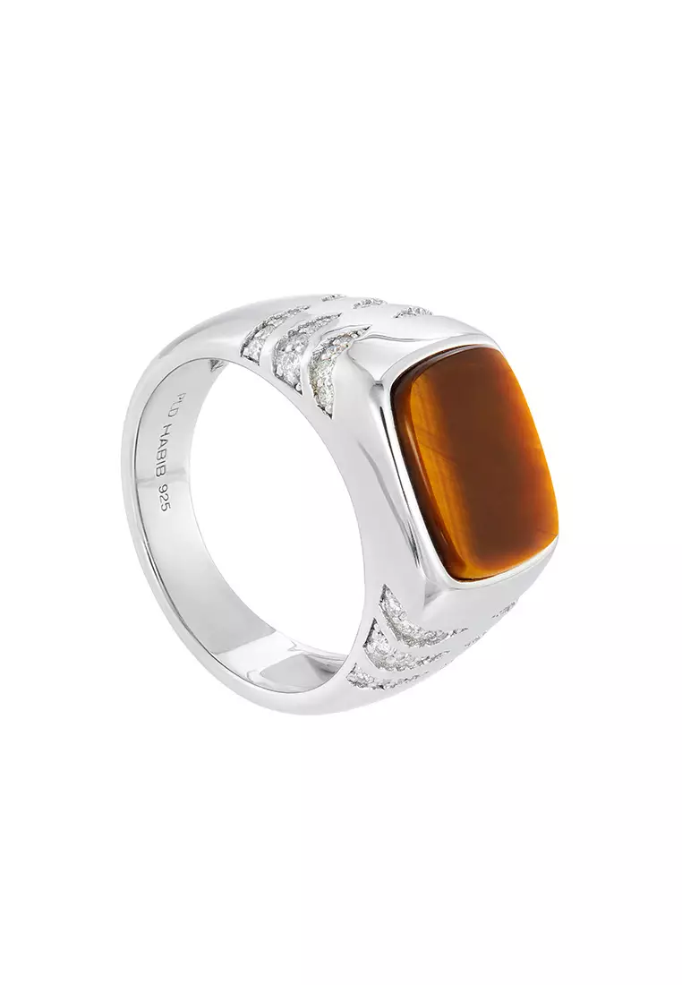 HABIB HABIB Square Tiger Eyes and Diamond Men's Ring in 925 Silver ...