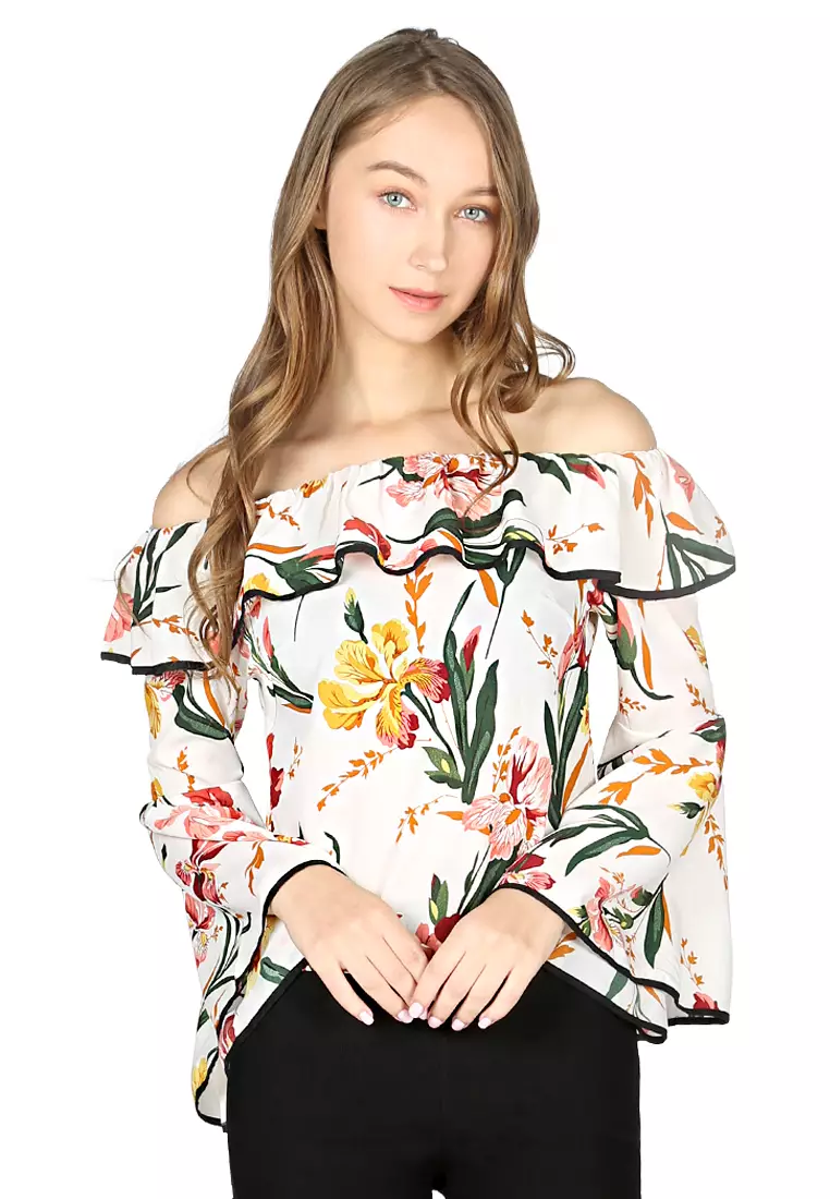 Buy London Rag White Floral Print Off Shoulder Flared Sleeve Top Online