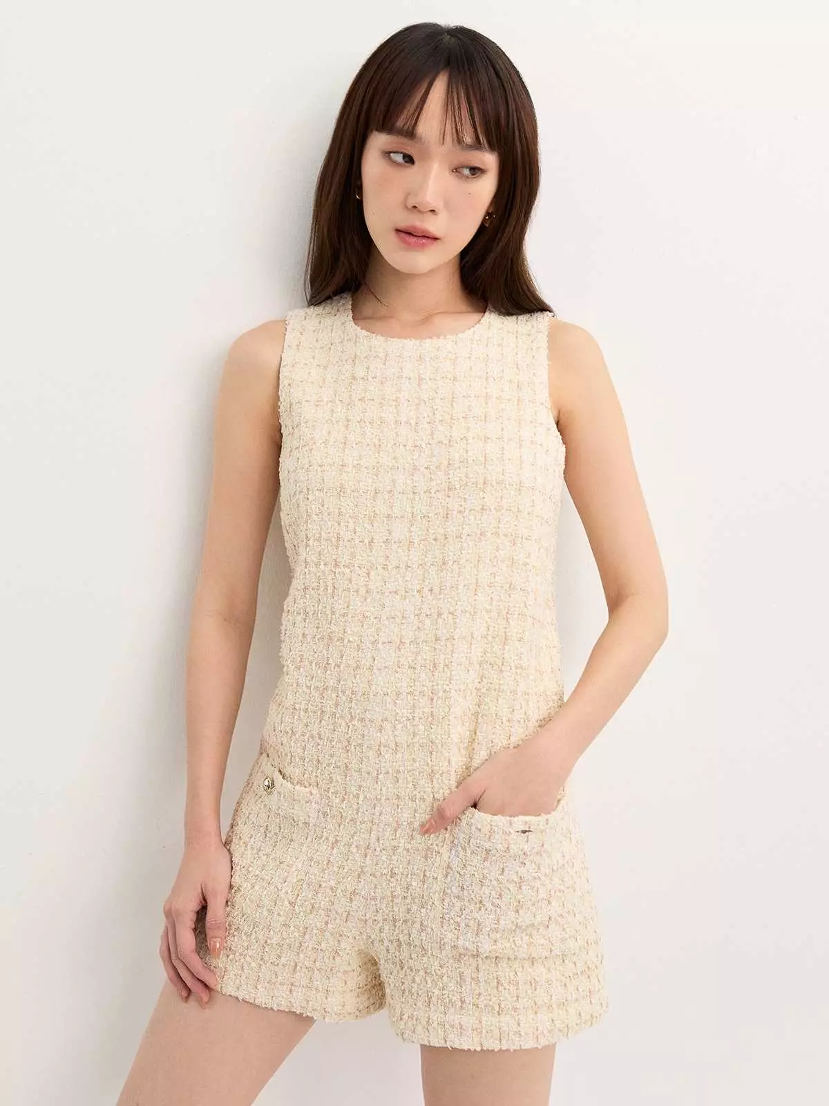 Jual POMELO FASHION Tweed Romper - Cream Original 2025 | ZALORA Indonesia