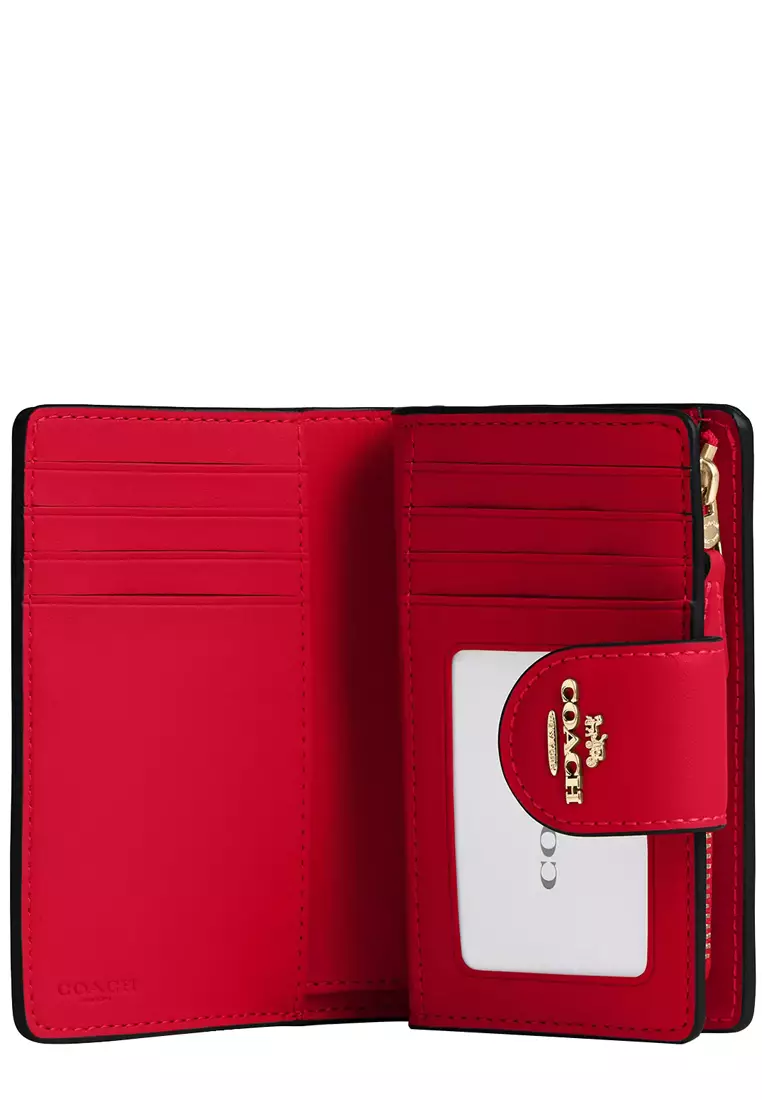 Coach Medium Corner Zip Wallet In Signature Canvas in Walnut/ Bold Red ...