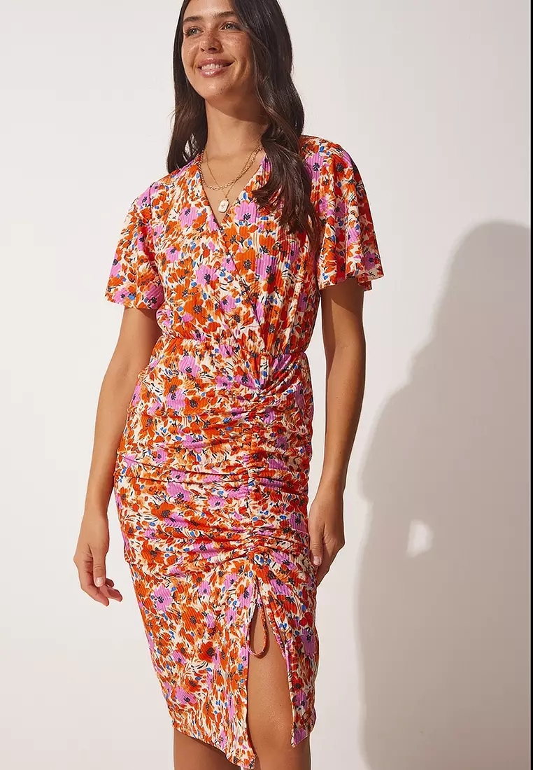 Buy Happiness Istanbul Floral Wrapped Collar Summer Dress Online ...