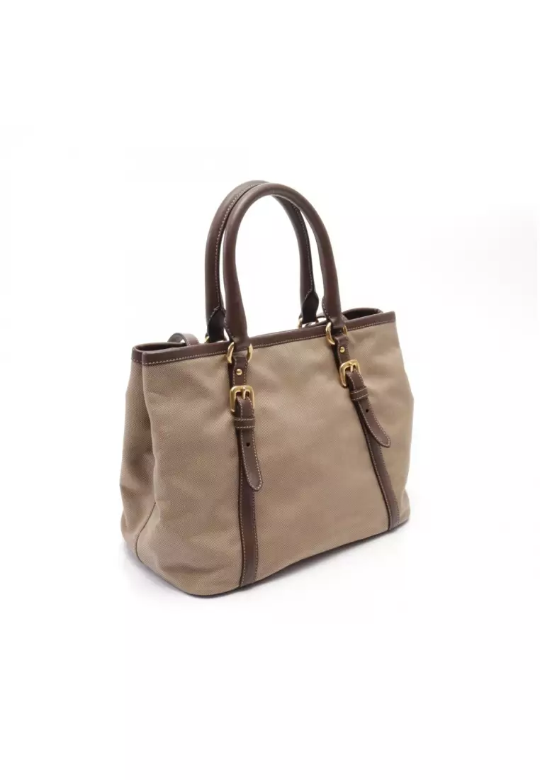Prada Pre-Loved Prada LOGO JACQUARD logo jacquard Handbag tote bag canvas leather Khaki beige ...