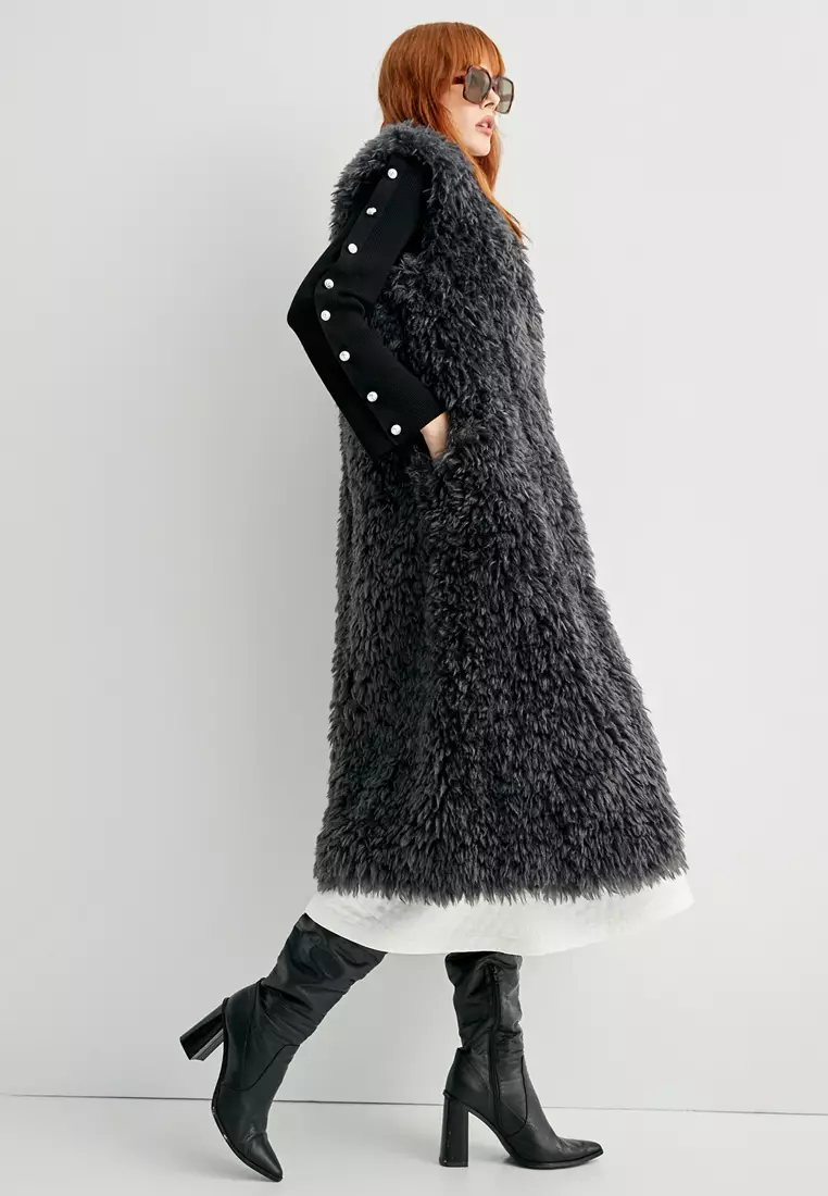 Buy iROO Faux Fur Long Grey Vest 2025 Online | ZALORA
