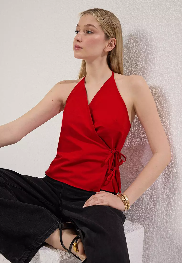 Buy Trendyol Red Modal Strap Double Breasted Woven Blouse ...