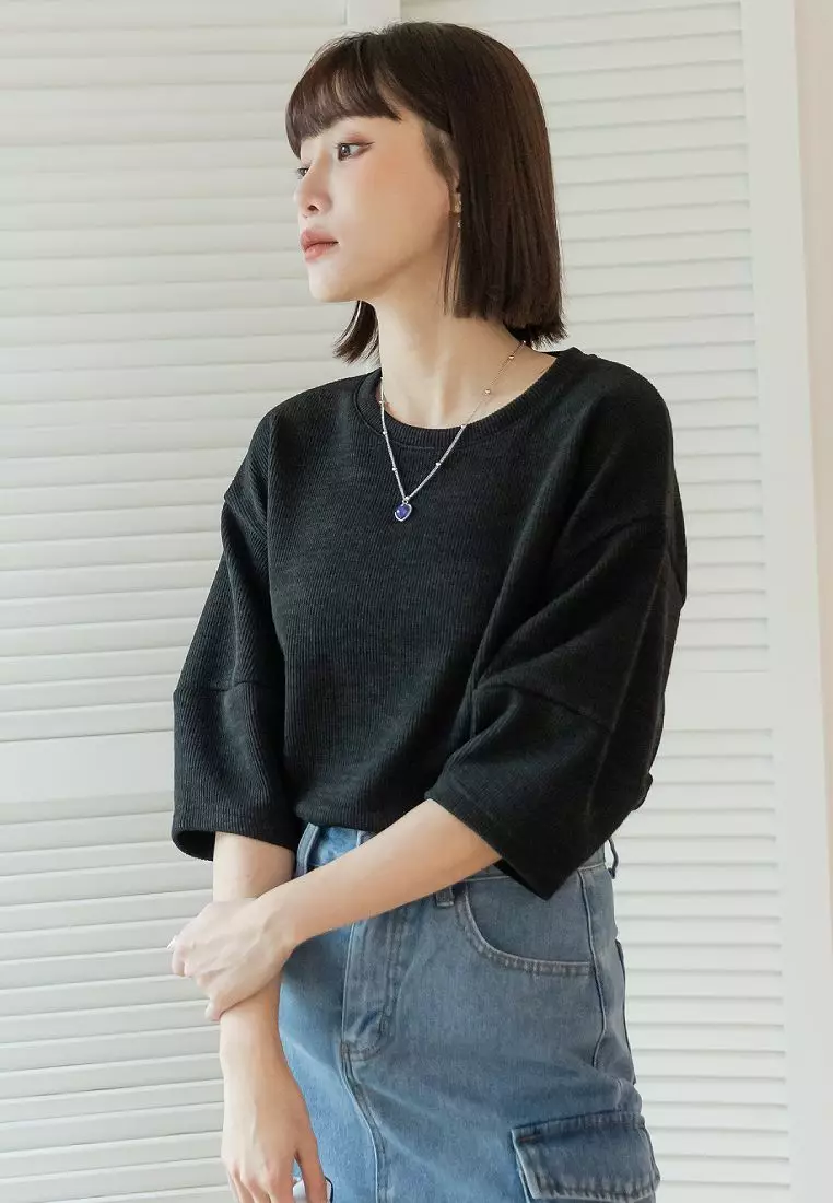 Buy OBSTYLE Solid Oversized Top with Drop Shoulders and Puff Half Sleeves [AB19020] 2025 Online ...