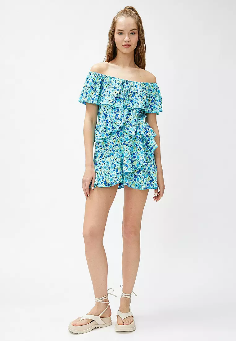 Jual KOTON Floral Jumpsuit With Off-The-Shoulder Frilly Tie Detail ...