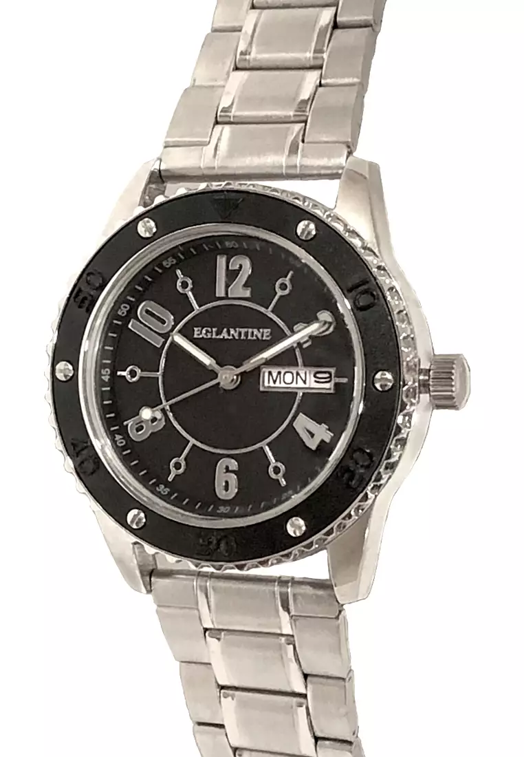 EGLANTINE DAY/DATE Unisex Steel Quartz Watch Black Dial on Steel ...