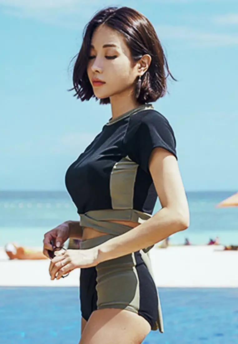 Buy Sunnydaysweety Short Sleeved High Waisted Slim Body Covering Split
