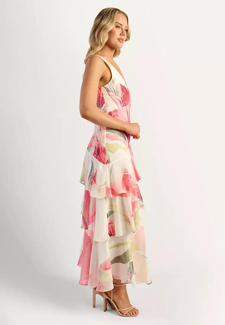 Buy Style State Oasis Floral Marble Beaded Keyhole Neckline Tiered Hem ...