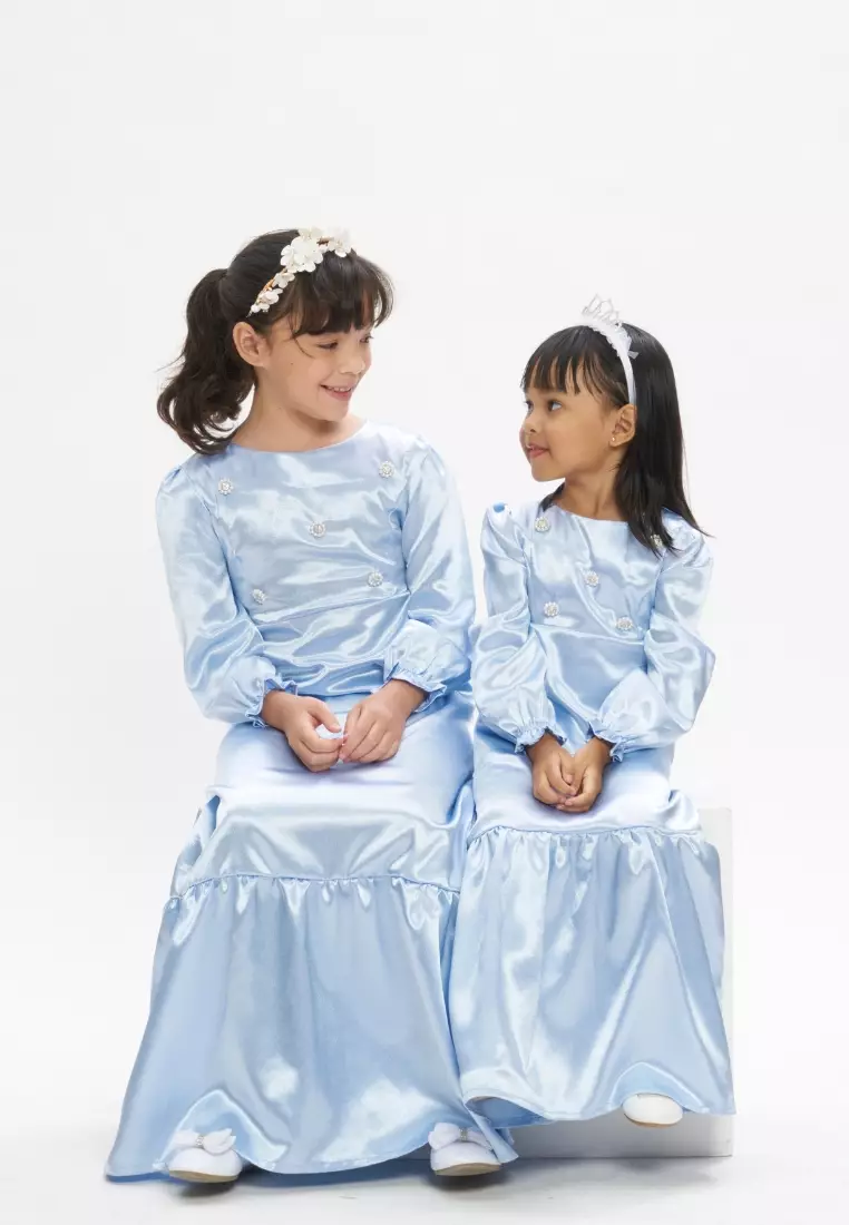 Buy Loveaisyah Girl Pearl Diamond beaded Silver Blue Dress Raya Baju ...