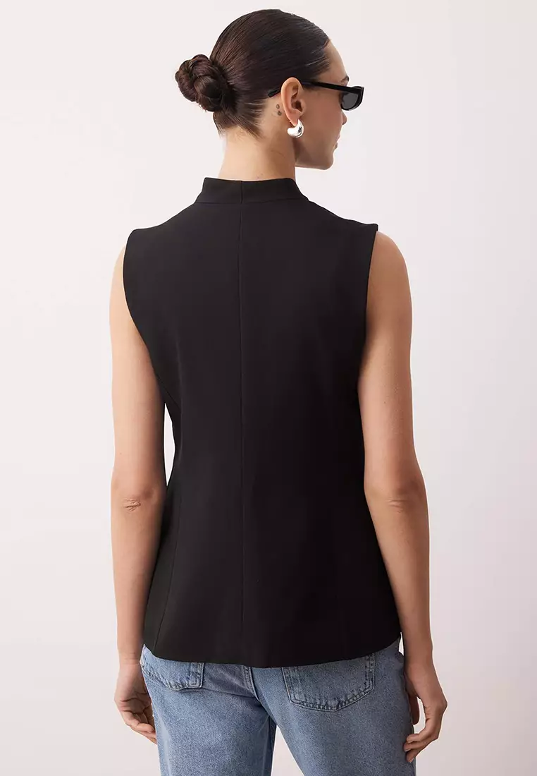 Buy Trendyol Black Hidden Button Stand-Up Collar Woven Vest 2026 Online ...