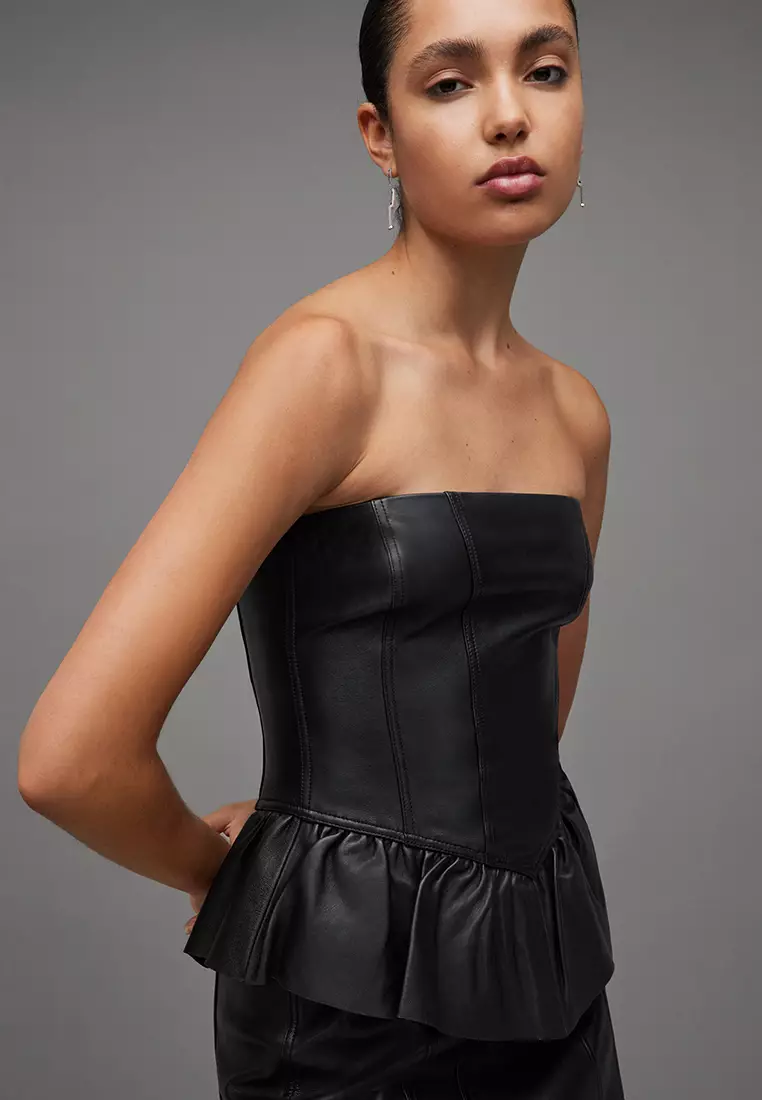Buy AllSaints Cassie Leather Ruffle Mini Dress 2025 Online | ZALORA