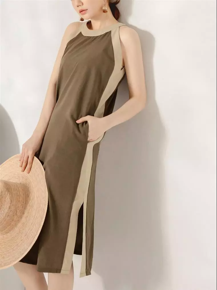 Buy OBSTYLE Color-Block Sleeveless Side Slit Middle Dress [DA9589] 2025 ...