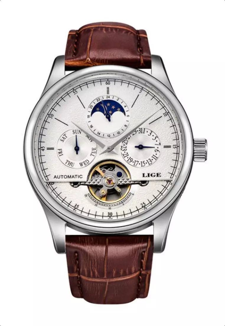 Buy LIGE Unisex AUTOMATIC Stainless Steel Watch 44mm, Brown Leather ...