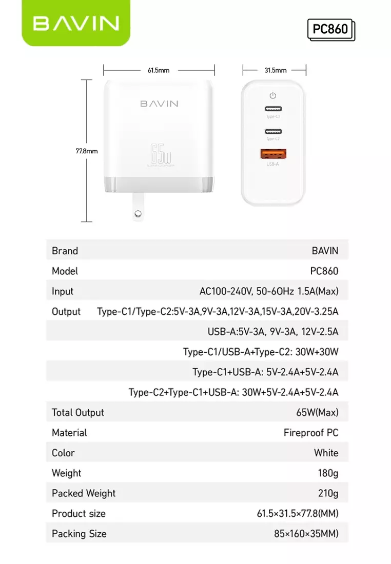 Buy BAVIN PC860 65W GaN Fast Charger Adapter 2 PD USB-C Ports + 1 USB QC3.0 Port For iPh 15 ...