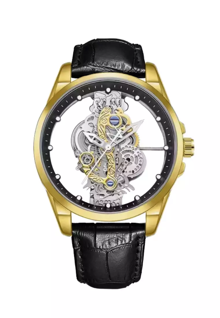 EGLANTINE Round Skeleton Alloy Quartz Watch on Black Leather strap 2025 ...