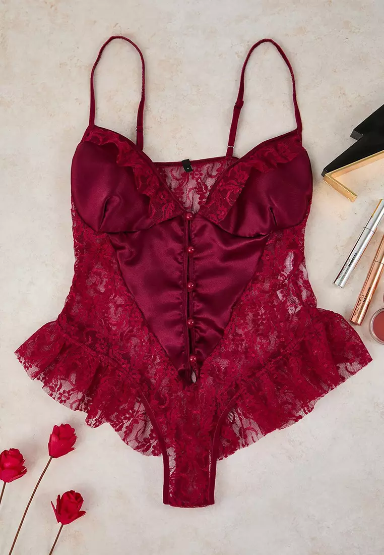 Buy Trendyol Burgundy Lace And Satin Together Ruffled Capless Fancy ...