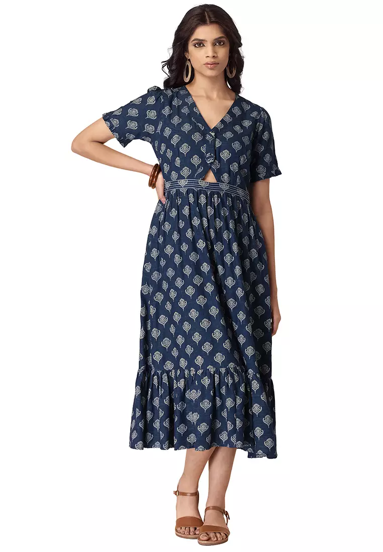 Buy Indya Navy Boota Embroidered Waist A-Line Dress 2025 Online ...