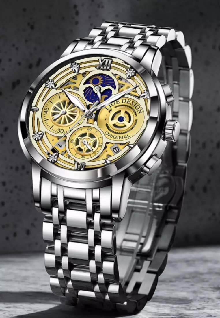 Buy LIGE LIGE Chronograph Unisex Stainless Steel Quartz Watch, Gilded ...