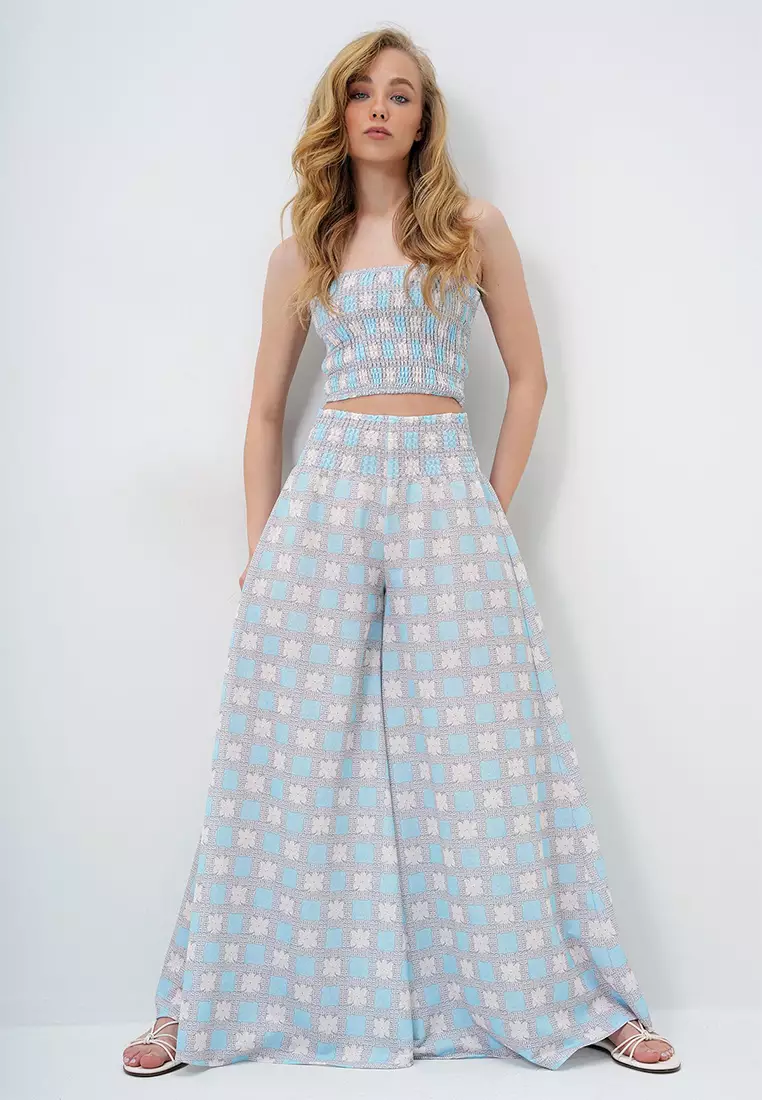 Buy Alacati Women's Baby Blue Waist Gimped Wide Leg Pants And Gimped ...