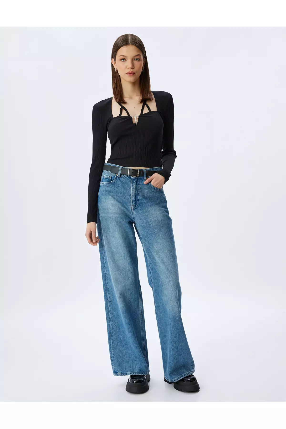 Buy KOTON Long Sleeve Window Detailed Bow Accessory Ribbed T-Shirt 2026 ...