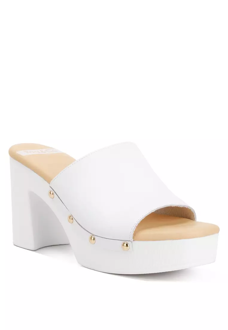 Buy Rag & CO White Recycled Leather Block Heel Clogs 2025 Online ...
