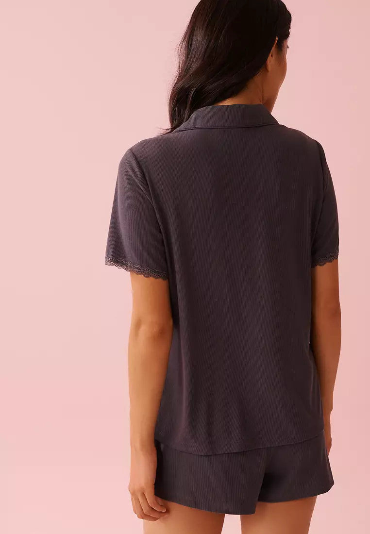 Buy La Vie En Rose Ribbed Modal And Lace Trim Button-Down Shirt 2026 ...