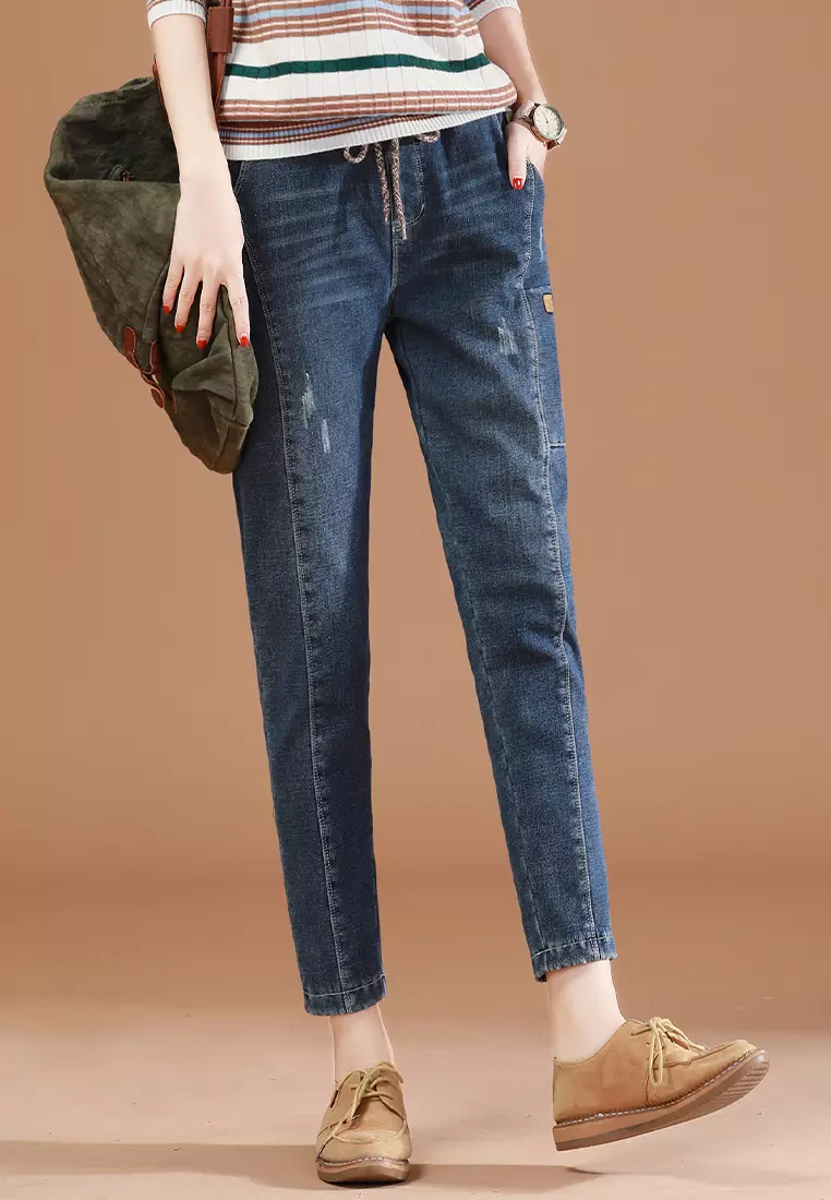 Buy A-IN GIRLS Elastic Waist Frayed Jeans 2025 Online | ZALORA