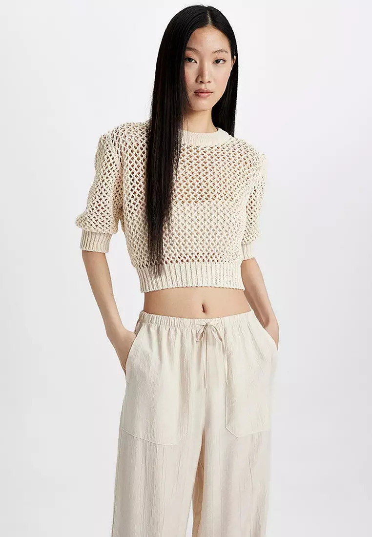 Buy DeFacto Crew Neck Half Sleeve Crochet Knitted Top 2025 Online ...