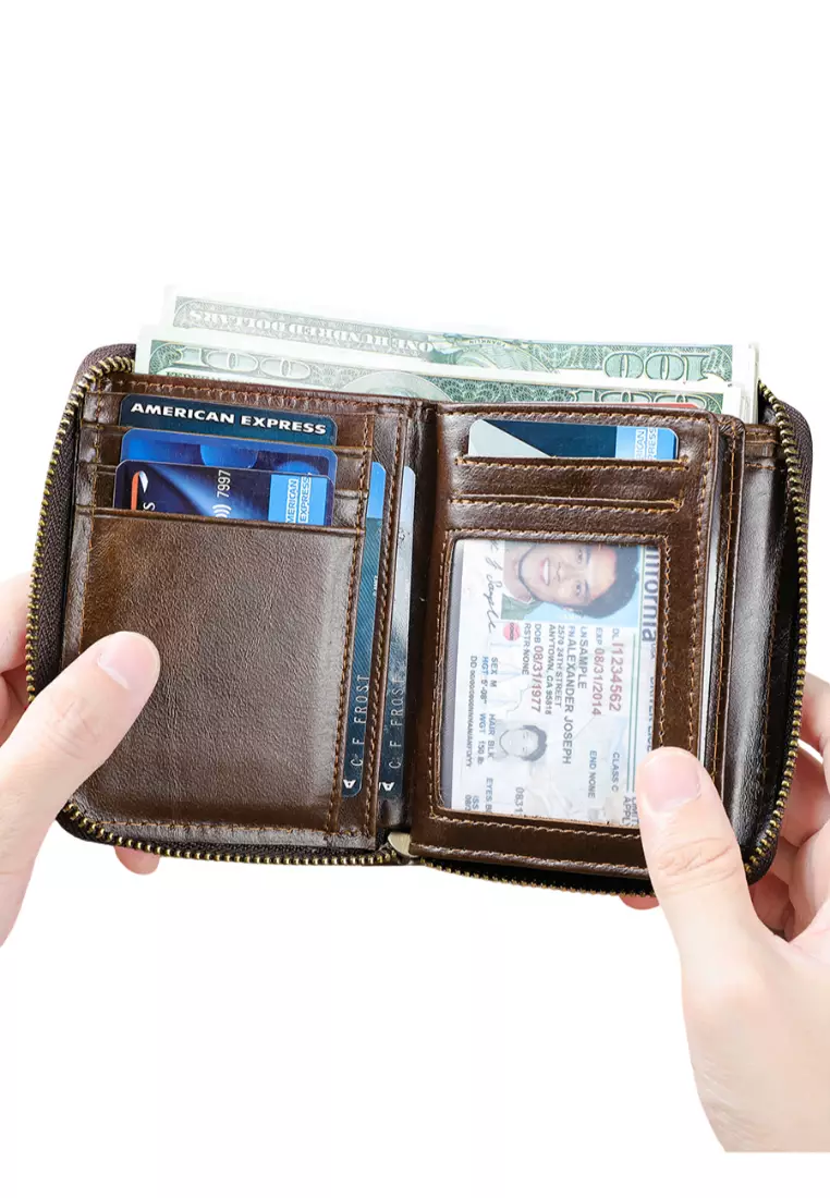 Buy Lara Top-Layer Cowhide Wallet Men's Short Genuine Leather Zipper ...