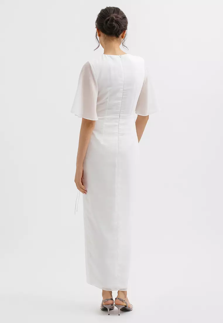 Jual Cloth Inc Drapery Sleeve Overlap Tulip Midi Dress in White ...