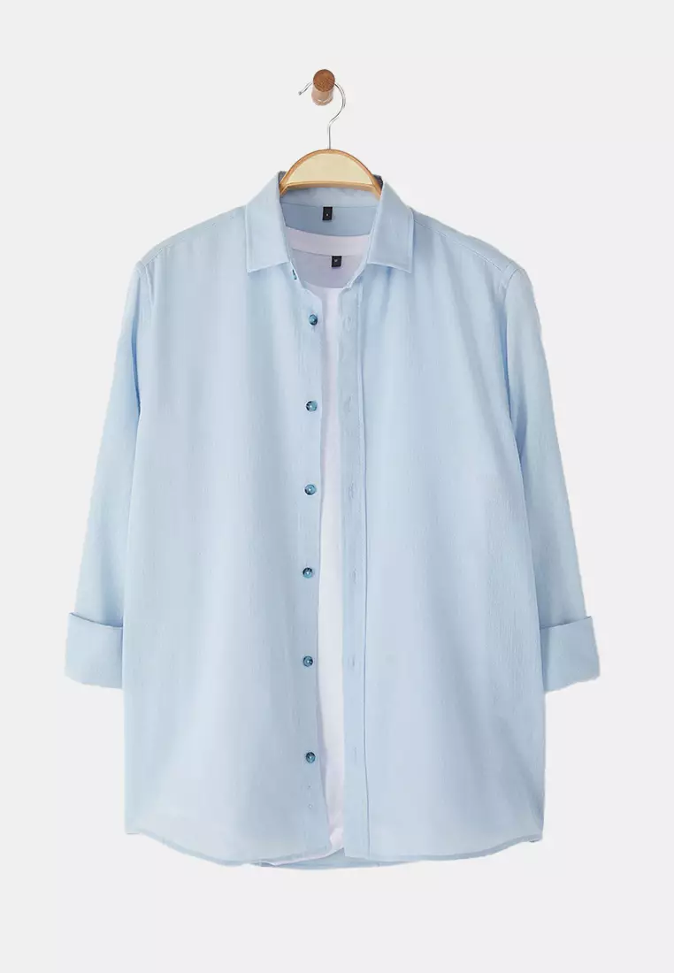 Buy Trendyol Light Blue Regular Fit Epaulette Wrinkled Effect Linen ...