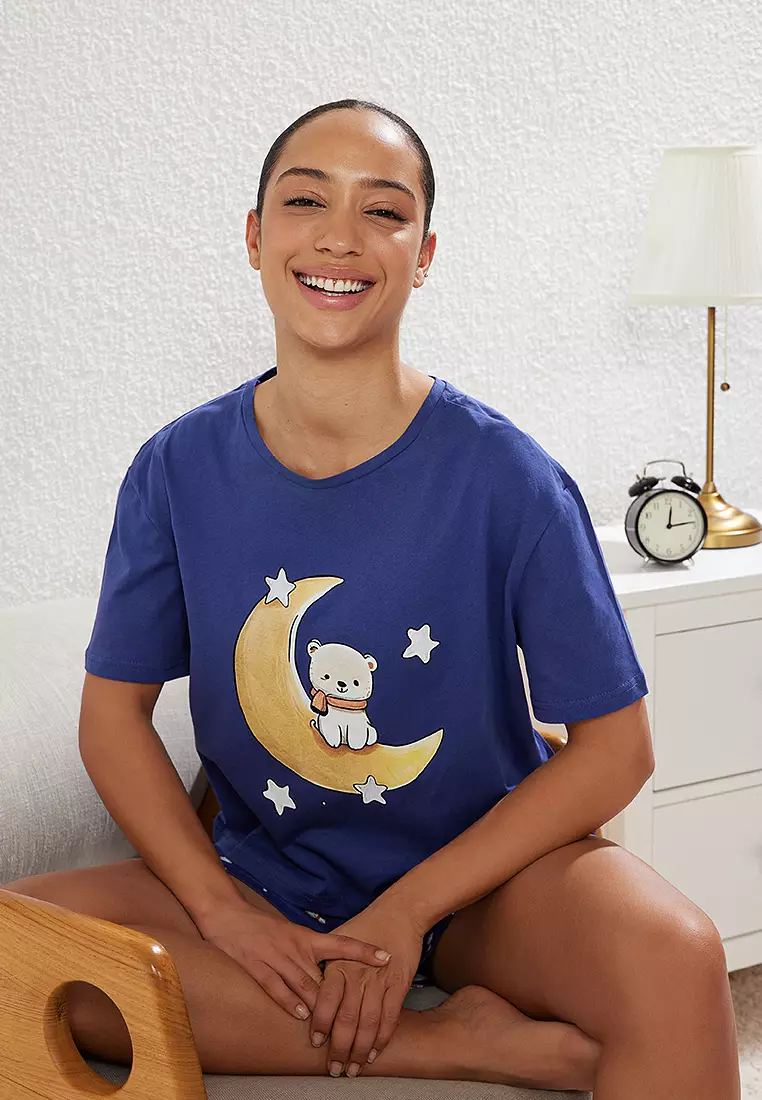 Buy Trendyol Navy Blue Teddy Bear And Star Patterned Knitted Pajama Set ...