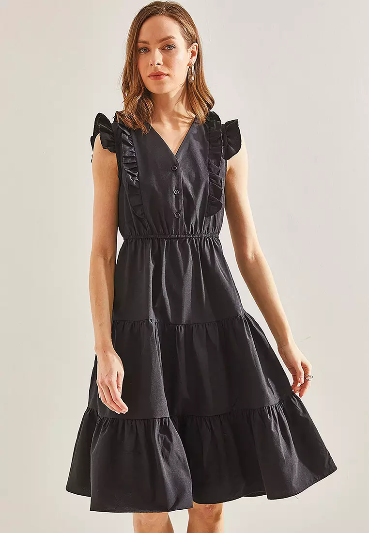 Buy Bianco Lucci Frilly Waist Elastic Buttoned Flared Dress Online ...
