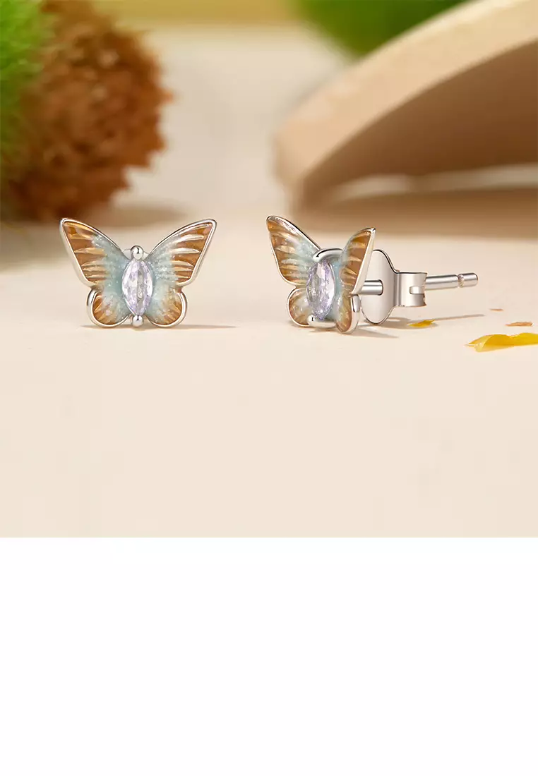 Buy SOEOES 925 Sterling Silver Fashion Simple Enamel Butterfly Stud Earrings with Cubic Zirconia ...