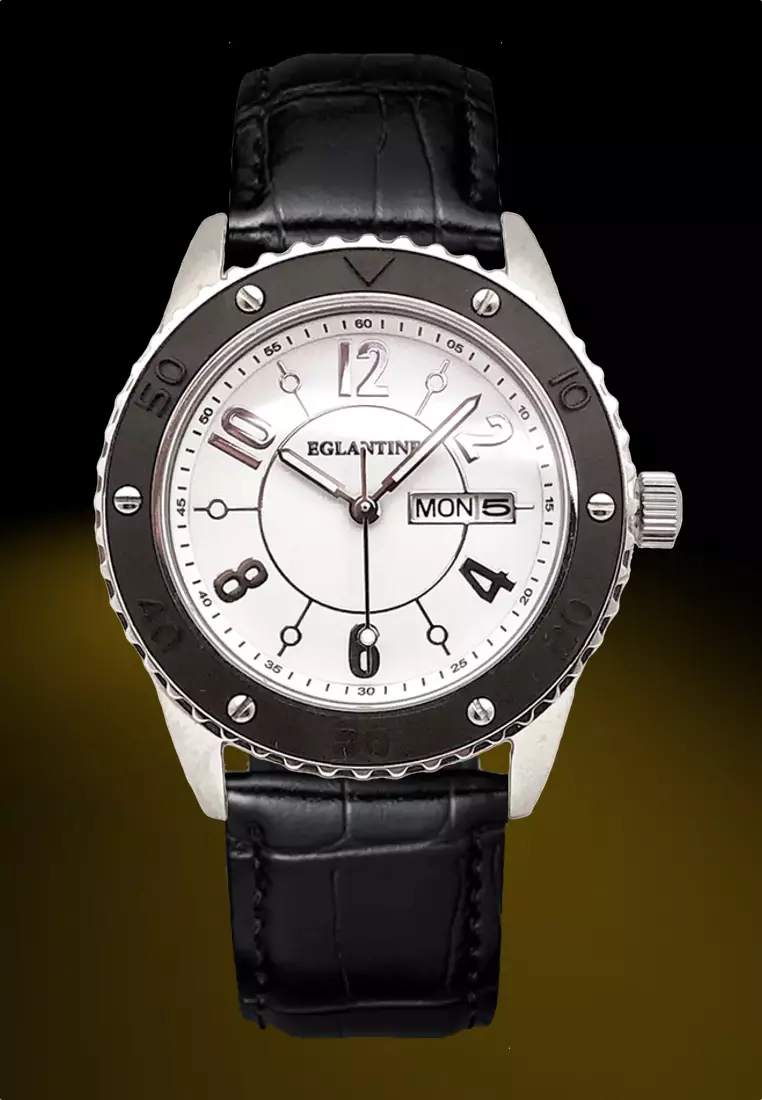 EGLANTINE 38mm Steel Quartz Watch, Day/Date, White Dial, Black Leather ...