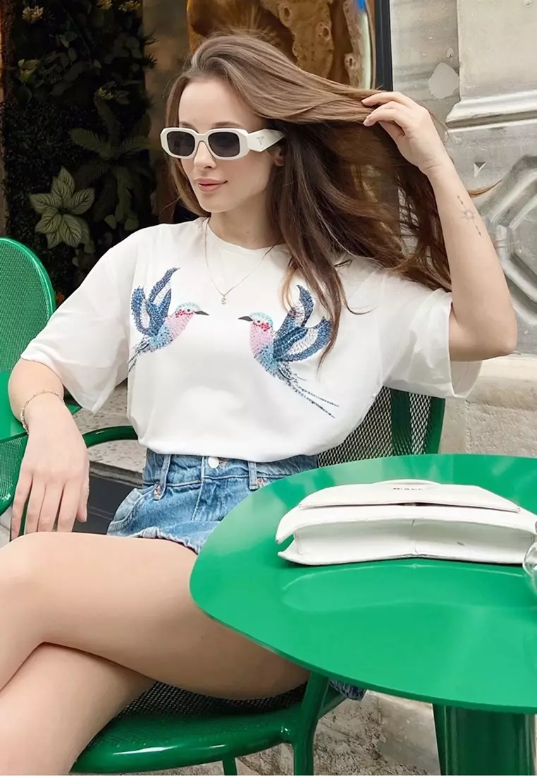 Jual Bianco Lucci Bird Patterned Combed Cotton T-Shirt Original 2025 ...