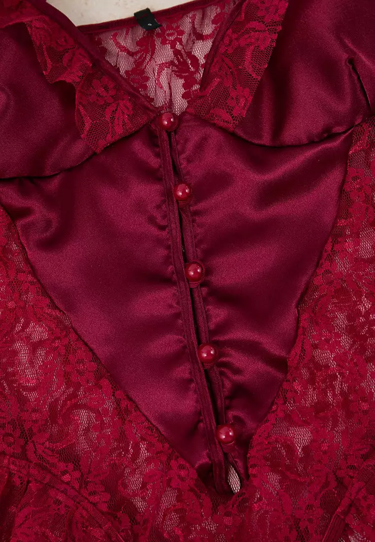 Buy Trendyol Burgundy Lace And Satin Together Ruffled Capless Fancy ...