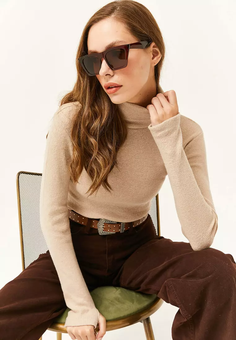 Buy Olalook Stone Turtleneck Finger Detailed Lycra Blouse 2024 Online