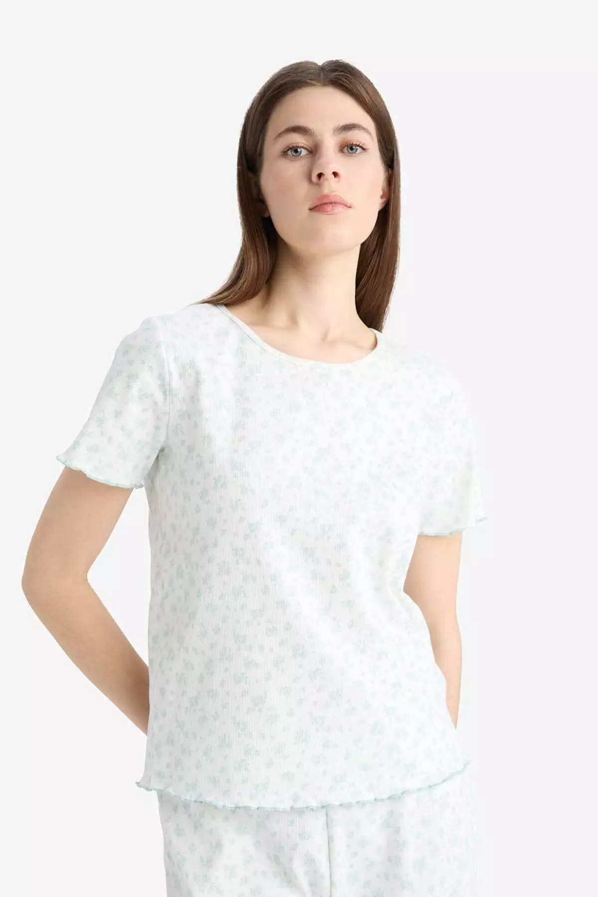 Buy DeFacto Pajama Set Ribbed Short Sleeve Top Flexible Waist Long ...