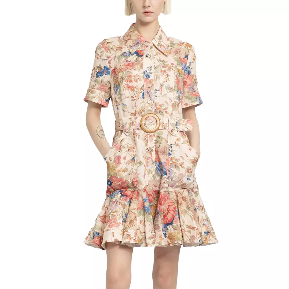 Jual Zimmermann Zimmermann August Belted Linen Shirt Dress Cream Floral