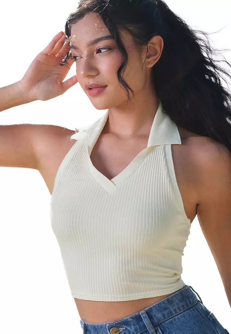 Buy JUST G Ribbed Jersey V Neck Halter Top With Flat Knit Collar 2026 ...