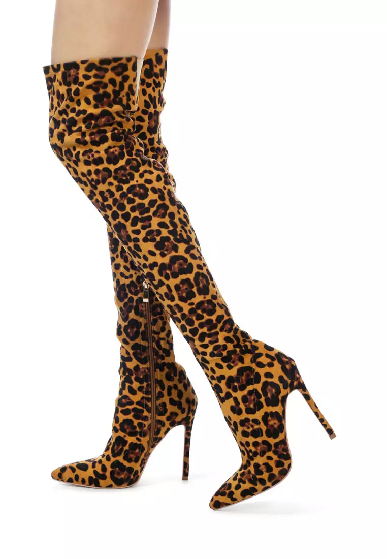 Jual London Rag Sepatu Bot Bertumit Blok Cetak Macan Tutul Lutut Tinggi ...