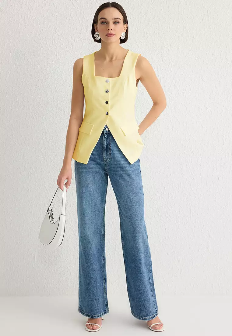 Buy Trendyol Yellow Fitted Square Neck Thick Strap Vest Vest 2026 ...