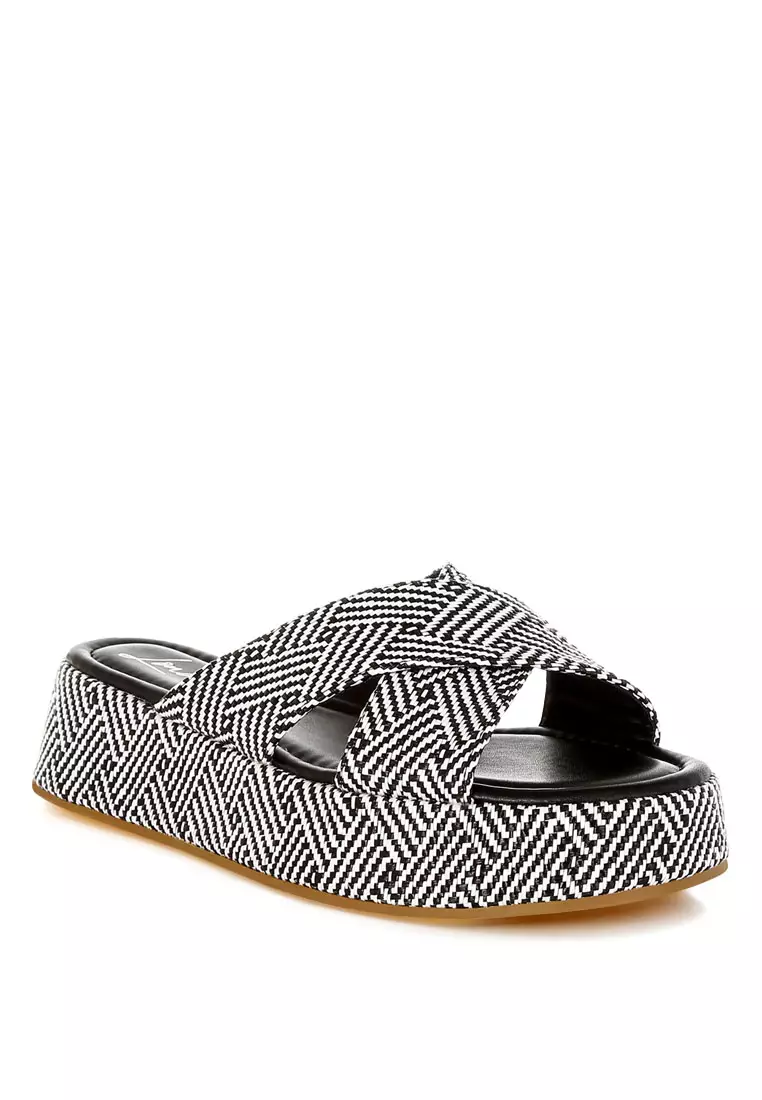 Buy London Rag Raffia Flatform Slip Ons In Black & White 2025 Online ...