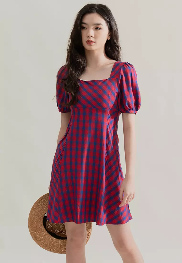 Buy Plain B. Plain B. Square Neckline Plaid Mini Dinner Dress Red ...