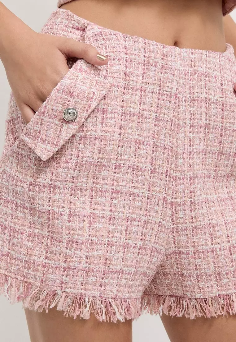 Buy Pomelo Tweed Frayed Hem Shorts - Light Pink Online | ZALORA Malaysia