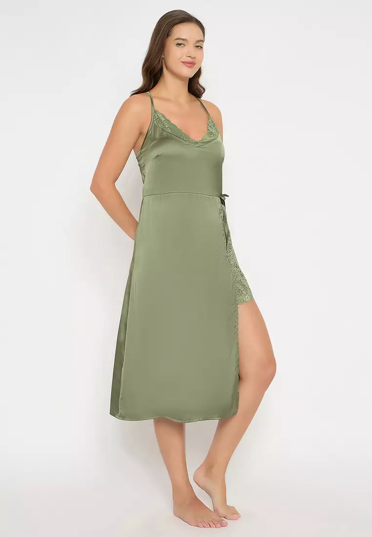 Buy Clovia Clovia Chic Basic Long Night Dress in Olive Green- Satin ...