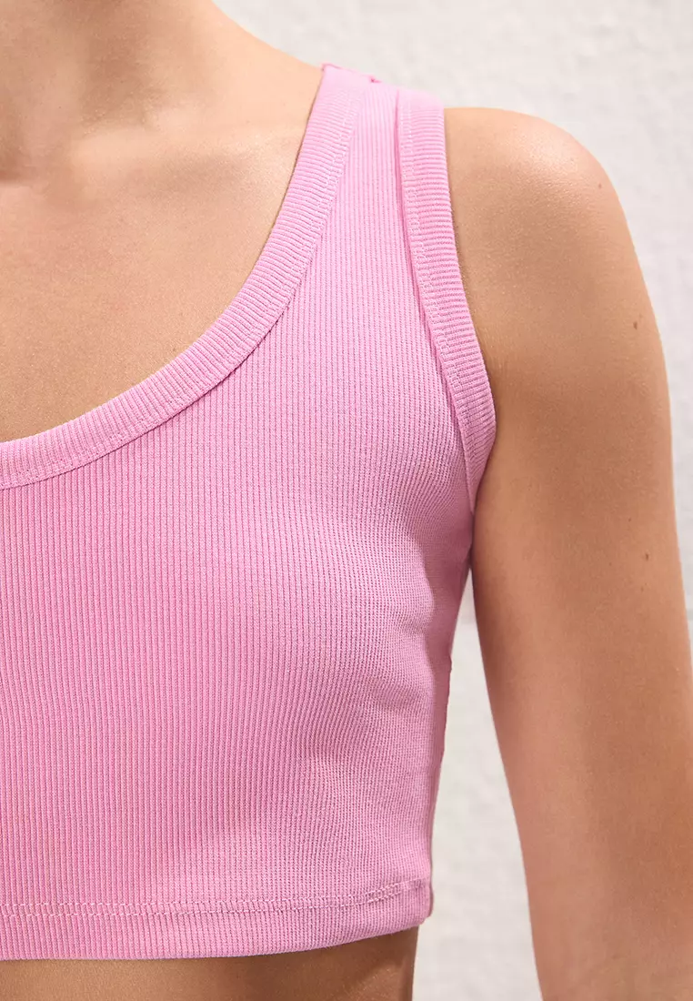 Buy Trendyol Pink Strappy Crop Ribbed Stretch Knit Undershirt 2025 ...